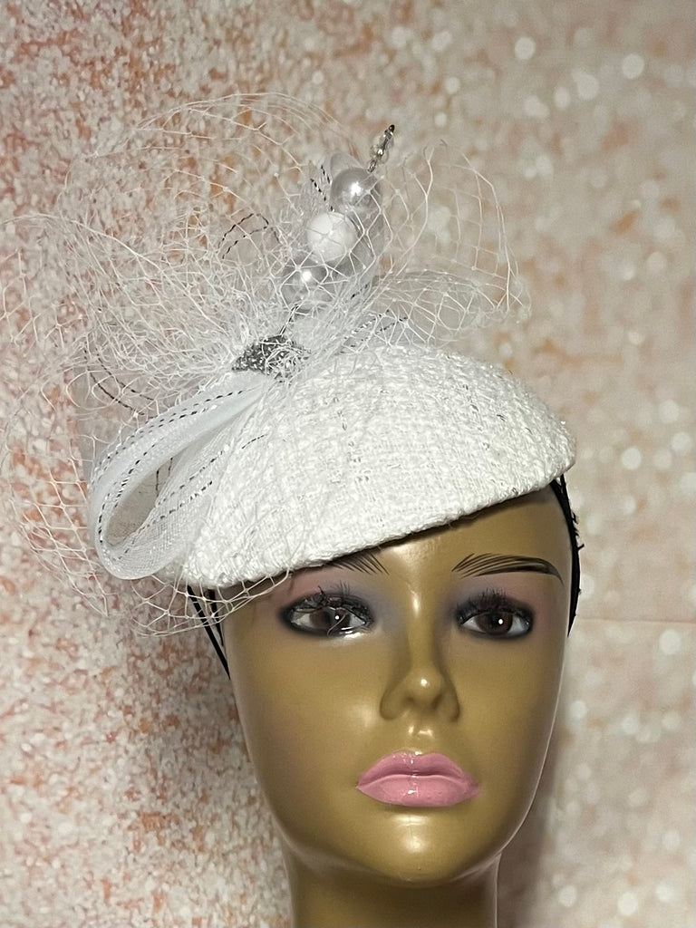 White Tweed Half Hat Fascinator for weddings, church, tea parties and ...